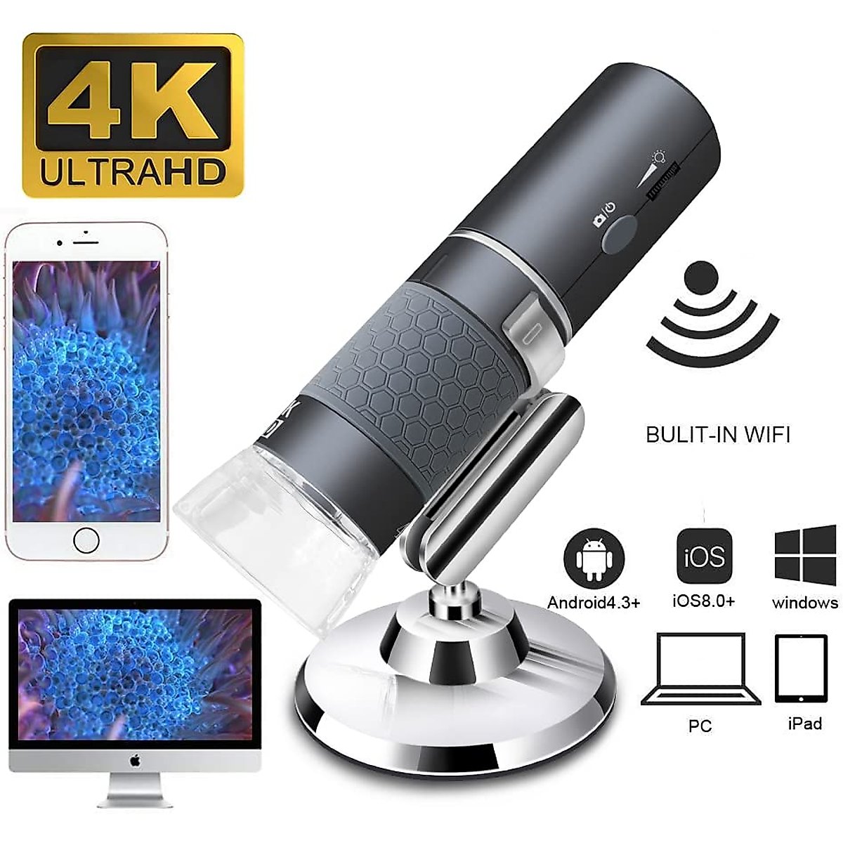 Jiusion WiFi USB Digital Handheld Microscope, 50 to 1000x Wireless Magnification Endoscope 8 LED Mini Camera with Metal Stand Compatible with iPhone iPad Mac Windows Android
