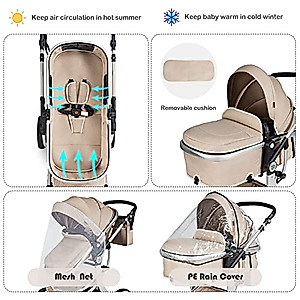 BABY JOY 2-in-1 High Landscape Baby Stroller, Reversible Bassinet Reclining Stroller, Foldable Push Chair w/Adjustable Canopy, Storage Bag, Foot Cover, Rain Cover & Net, Aluminum Alloy Frame (Beige)