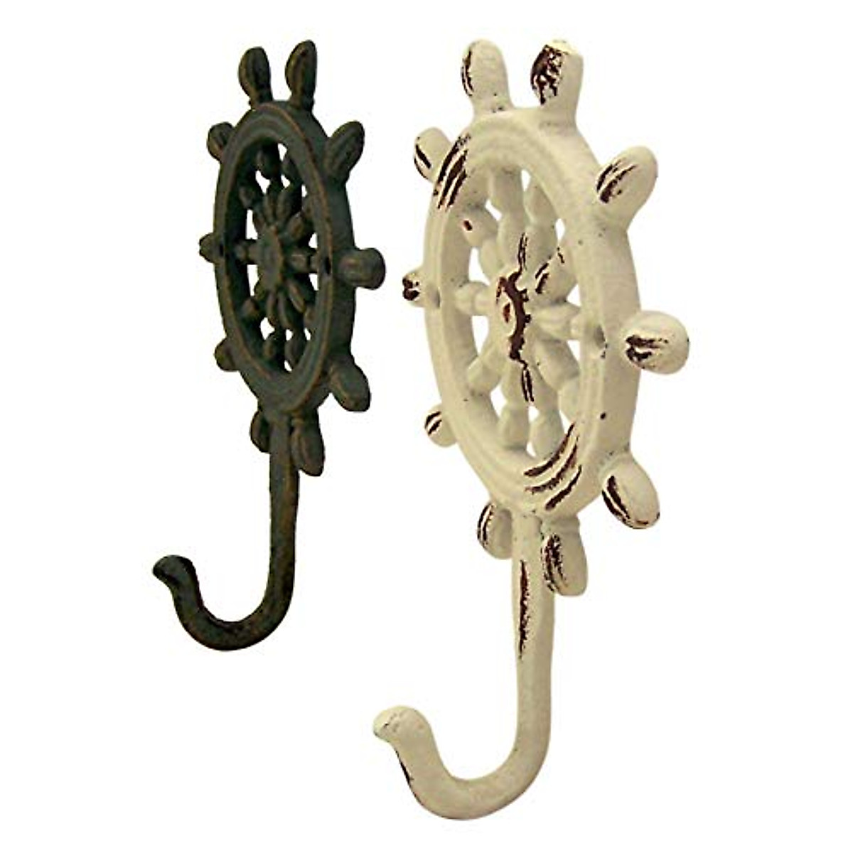 Rustic White and Teal Cast Iron Ship Wheel Wall Hooks, Set of 2, 5 3/4 Inch