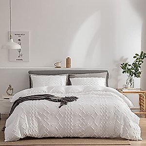 Boho Duvet Cover Twin, 3 Pieces Boho Tufted Bedding Set for All Seasons, Soft Microfiber Bohemian Embroidery Shabby Chic Style 2 Pillowcases 1 Boho Duvet Cover, Lightweight Comfortable (White, Twin)