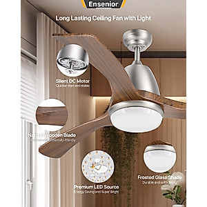 Ensenior 52’’ Wood Ceiling Fan with Light and Remote Control, Reversible and Silent DC motor, Modern Ceiling Fan with Remote for Bedroom, Living Room, 5CCT selectable LED Light, Brushed Nickel (425)