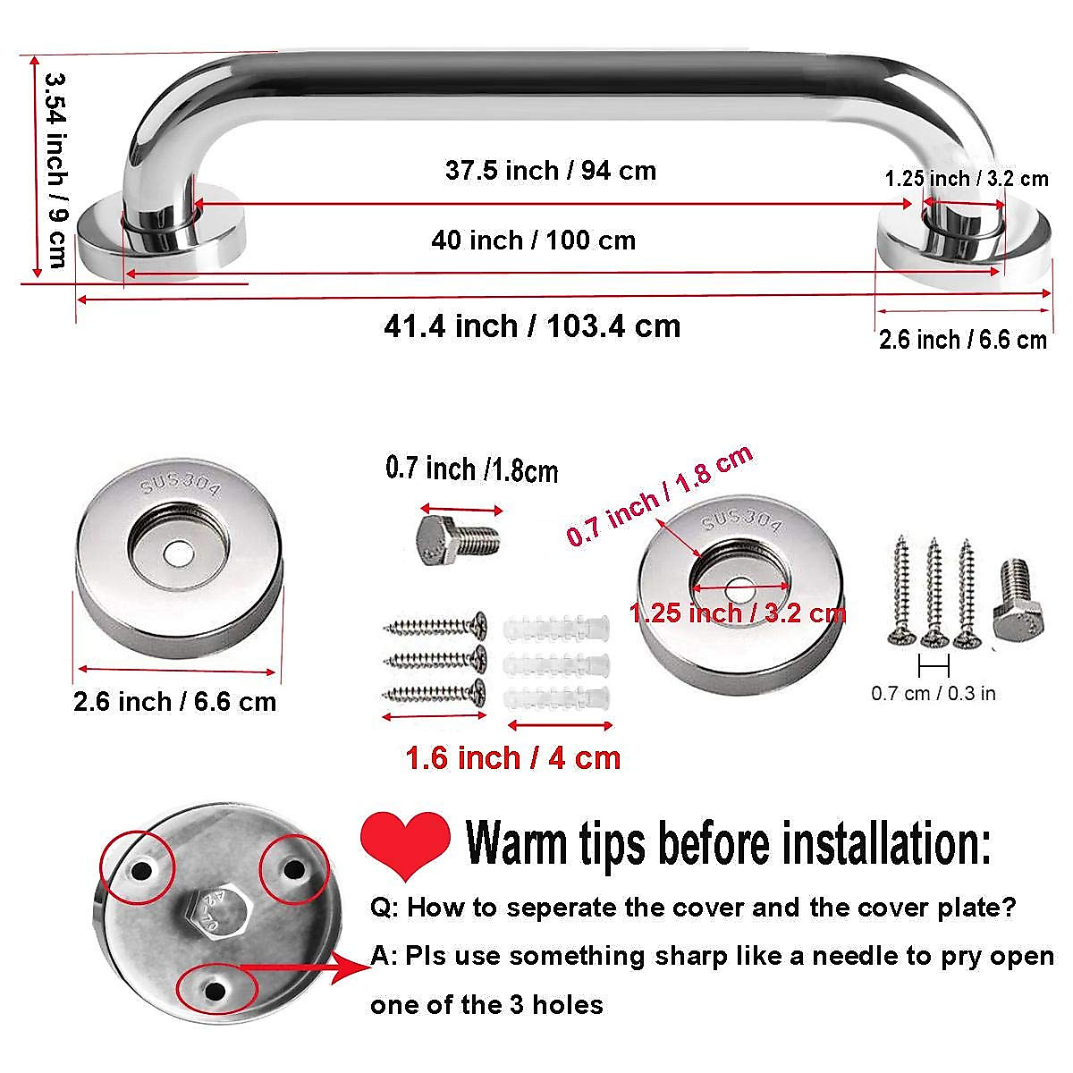 2 Pack 40 Inch Shower Grab Bar, ZUEXT SUS304 Stainless Steel Chrome Bathroom Grab Bar Handle, Shower Balance Bar, Safety Hand Rail Support, Handicap Elderly Senior Assist Bath Handle(1.25" Diameter)