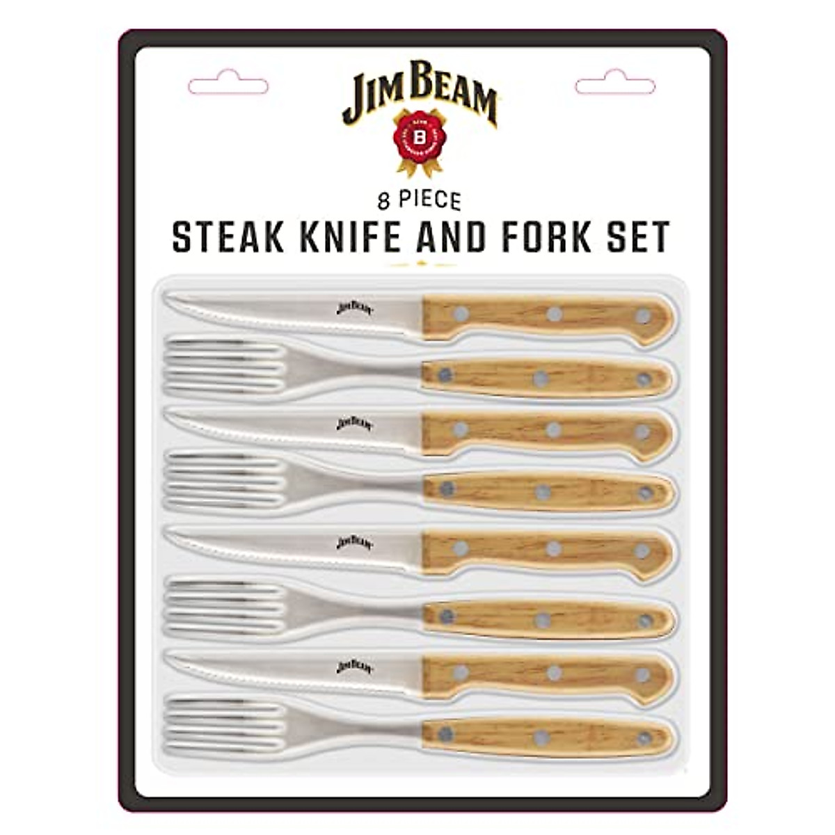 Jim Beam Set of 8 Ideal, Chicken, Pork and More-Steak Knives and Forks Made of Stainless Steel Blade and Contoure, Medium, Light Brown, JB0208