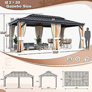 Erinnyees 12' x 20' Thickened Columns and Beams Hardtop Gazebo, Outdoor Wood Grain Frame Aluminum Gazebo, Galvanized Steel Double Roof with Netting and Curtains, for Garden, Patio, Lawns