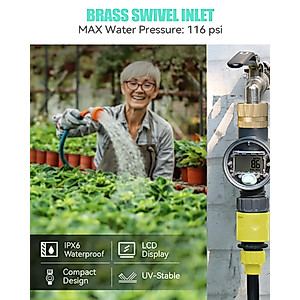 RAINPOINT Water Flow Meter with Brass Inlet, Water Meter for Garden Hose Watering, Lawn Sprinkler, RV Water Tank Filling, Track Water Usage & Flow Rate, IPX6 Waterproof, ±3% Accuracy, Gallon/Liter