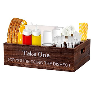 Mandikays| Large Rustic Paper Plate Caddy for Kitchen Countertop| Wooden Utensil Holder for Plates, Cups, Forks, Knives, Spoons, Straws Napkins and Condiments| 6 Compartments| Brown Flatware Organizer
