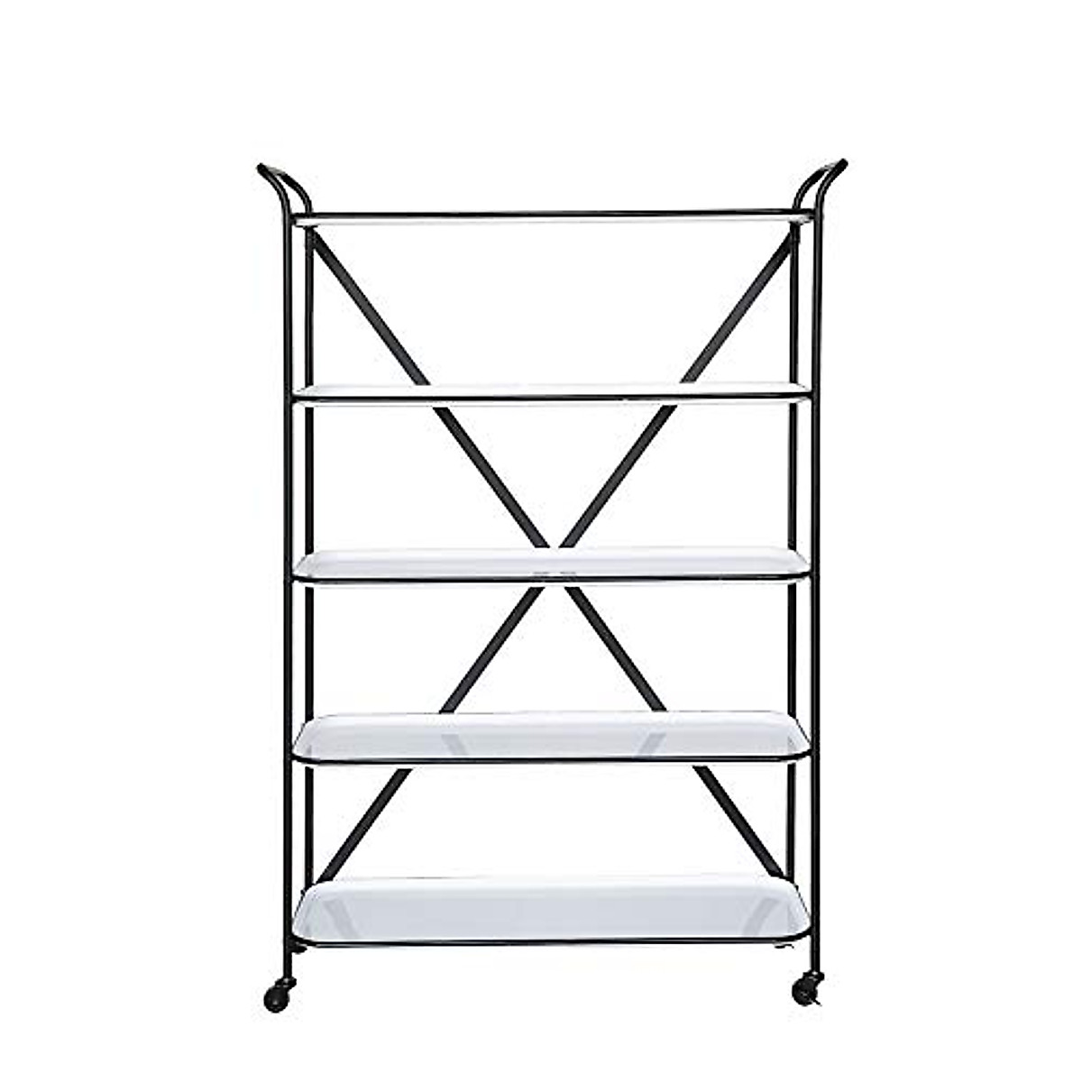 Creative Co-Op 5-Tier 66" H Tray-Style Enameled Metal Unit with Locking Caster Wheels Shelves, White