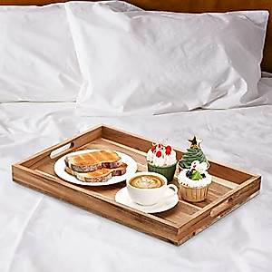 YOUEON Set of 2 Acacia Wood Serving Tray with Handles, 17x11.8x1.5 Inch Decorative Serving Trays, Ottoman Tray, Coffee Table Tray, Rectangle Wood Tray for Food, Breakfast, Lunch, Dinner, Appetizer