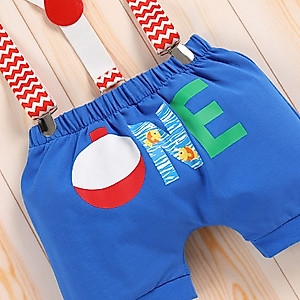 The Big One Birthday Outfit Baby Boys Bowtie Romper Suspenders Shorts Hat Gone Fishing Themed First Birthday Party Supply O-Fish-Ally One Cake Smash Photo Shoot # Royal Blue - Fish One 12-18 Months