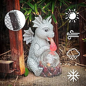WONDER GARDEN Dragon Statue - Spitfire Dragon Figurines Solar Light Resin Garden Statues with Crackled Glass Globe Outdoor Waterproof Lawn Ornament Decor