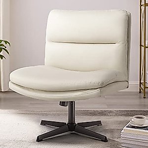 PUKAMI Armless Desk Chair No Wheels,PU Leather Criss Cross Legged for Home Office,Modern Swivel Vanity,Mid-Back Computer Chair,Height Adjustable Wide Seat Task Chair (Beige)