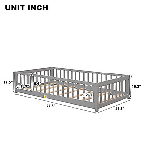 Twin Floor Bed for Kids, Montessori Bed Frame with Fence-Shaped Guardrails, Support Slats and Door, Wood Floor Twin Bed for Kids,Toddler,Boys Girls, No Box Spring Needed(Gray, Twin Bed Frame)