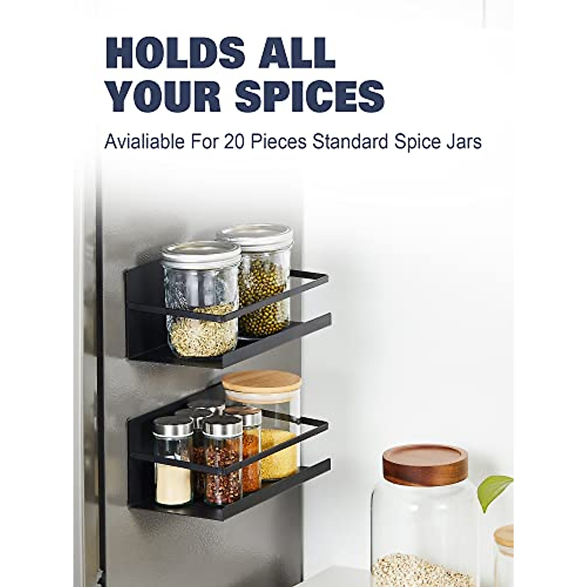 BRONYPRO Magnetic Spice Rack, 2 Pack Magnetic Shelf for Refrigerator, Large Spice Rack, Space Saver for Small Kitchen, Hanging Magnetic Storage With 4 Hooks, for Spices, Plates, Books, Plants（Black）