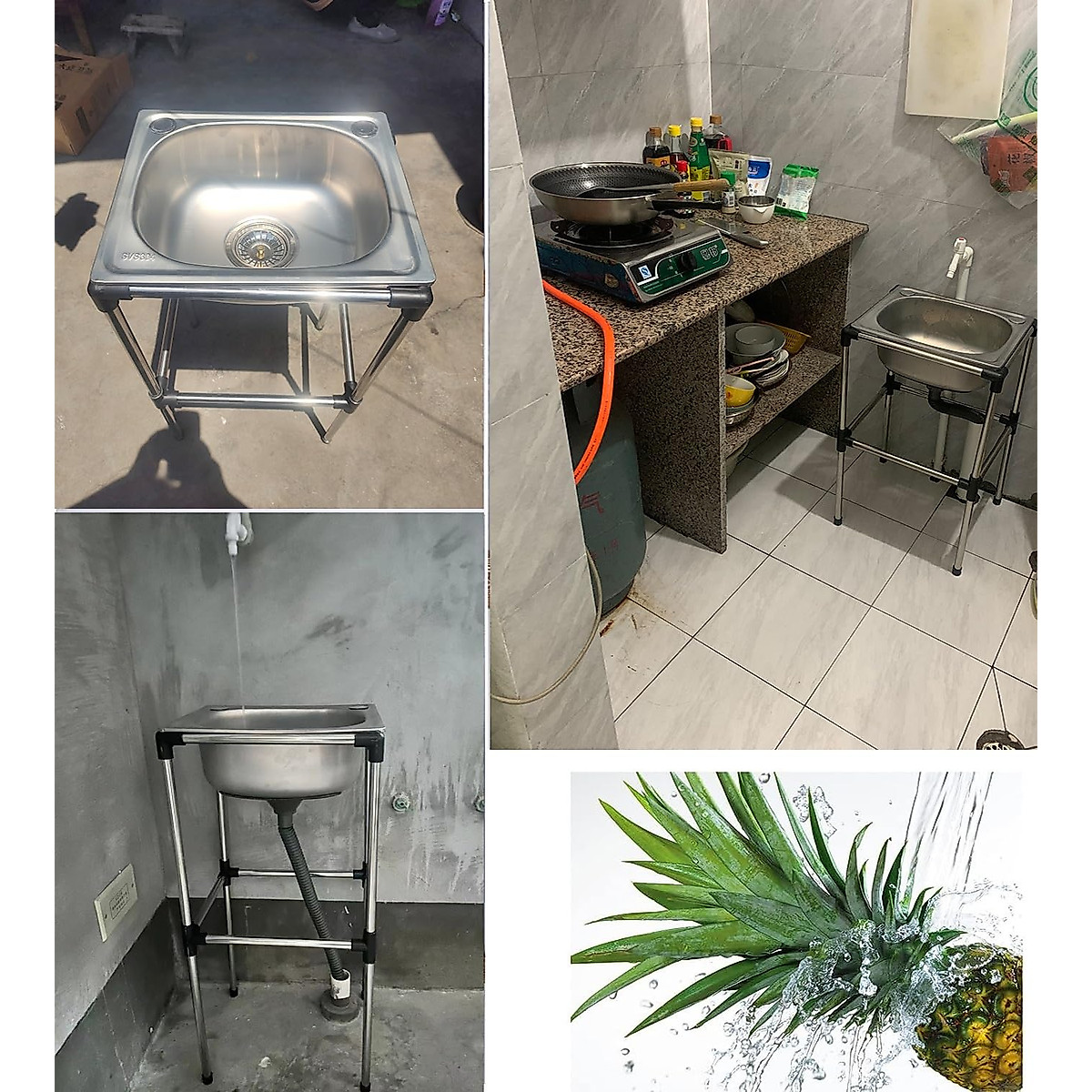 Stainless Steel Kitchen Sink, Free-Standing Sink, Commercial Restaurant Sink Set, Garage Sink for Laundry, Backyard, Industrial, Garden Grills (Size : 37x31x60cm/14.5x12.2x23.6in)