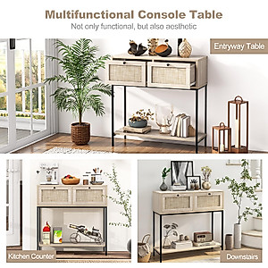Giantex Console Table with Rattan Drawers - 31.5" Entryway Table w/ 2 Drawers & Open Storage Shelf, Metal Frame, Boho Style Long Sofa Side Table, Narrow Entry Table for Living Room Foyer Hallway