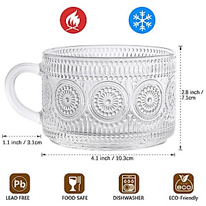 kickmove 4 Pack 14oz Glass Coffee Mugs with Spoons, Clear Embossed Vintage Cups for Latte,Cappuccino,Tea.Thanksgiving,Christmas,Valentine,Mother and Father's Day Gift for Family and Friends