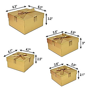 Set Of 4 Gold Square Gift Boxes with Ribbon Bow Assorted Sizes Nesting Christmas Box Durable Cardboard Reusable for Wrapping Gifts Holiday Wedding Present Bridesmaid Bridal and Baby Shower Anniversary