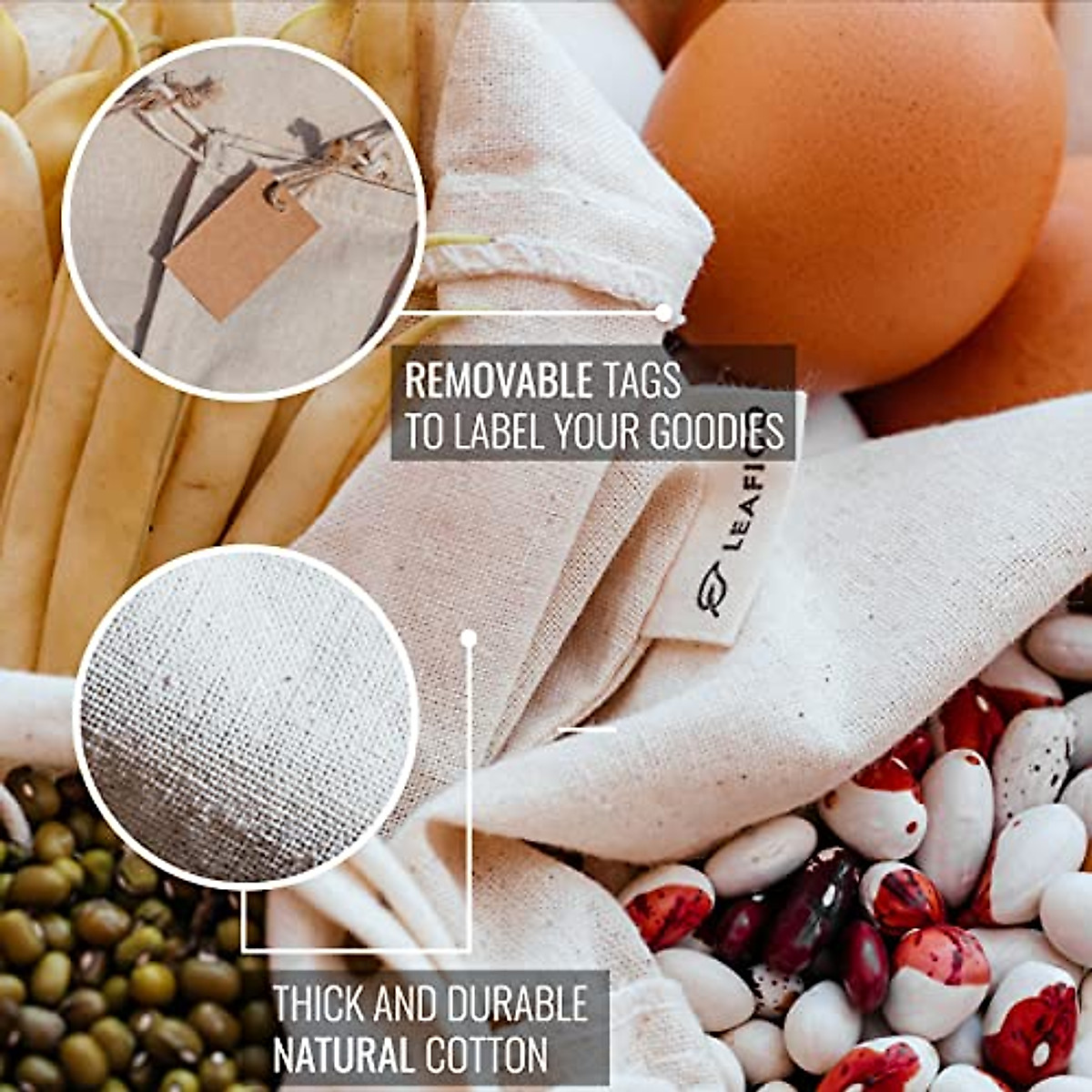 Organic Cotton Produce Bags - Medium 8x10 Inch - 12 Pcs Reusable Muslin Storage Bags with Drawstrings - Canvas Bags - Biodegradable Fabric Bags - Snack Bags - Cloth Bags by Leafico