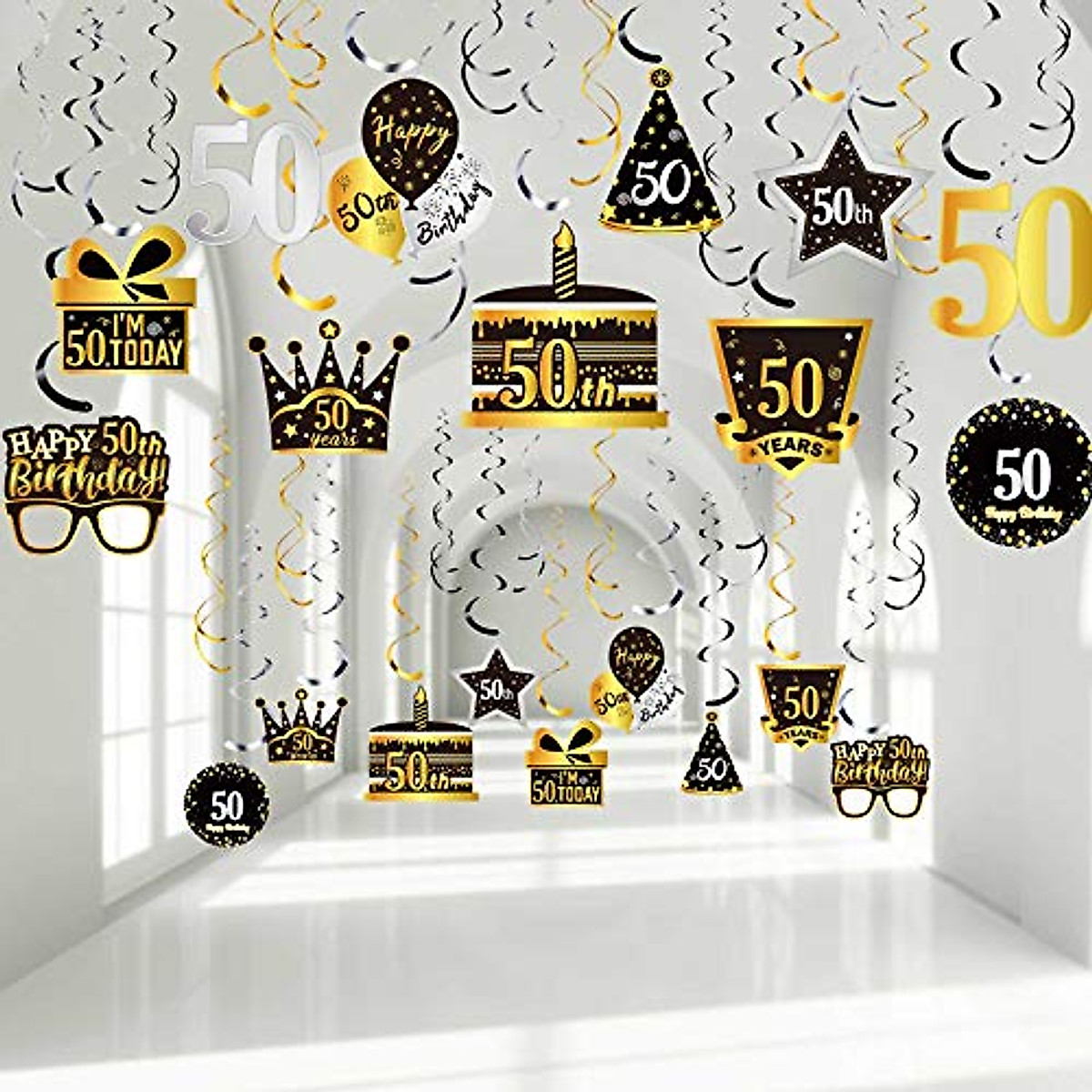 30 Pieces 50th Birthday Party Hanging Swirl Decorations, Black Golden Silver Happy 50th Party Cake Glasses Balloons Sign Foil Swirls Ceiling Decorations for Men and Women 50 Years Old