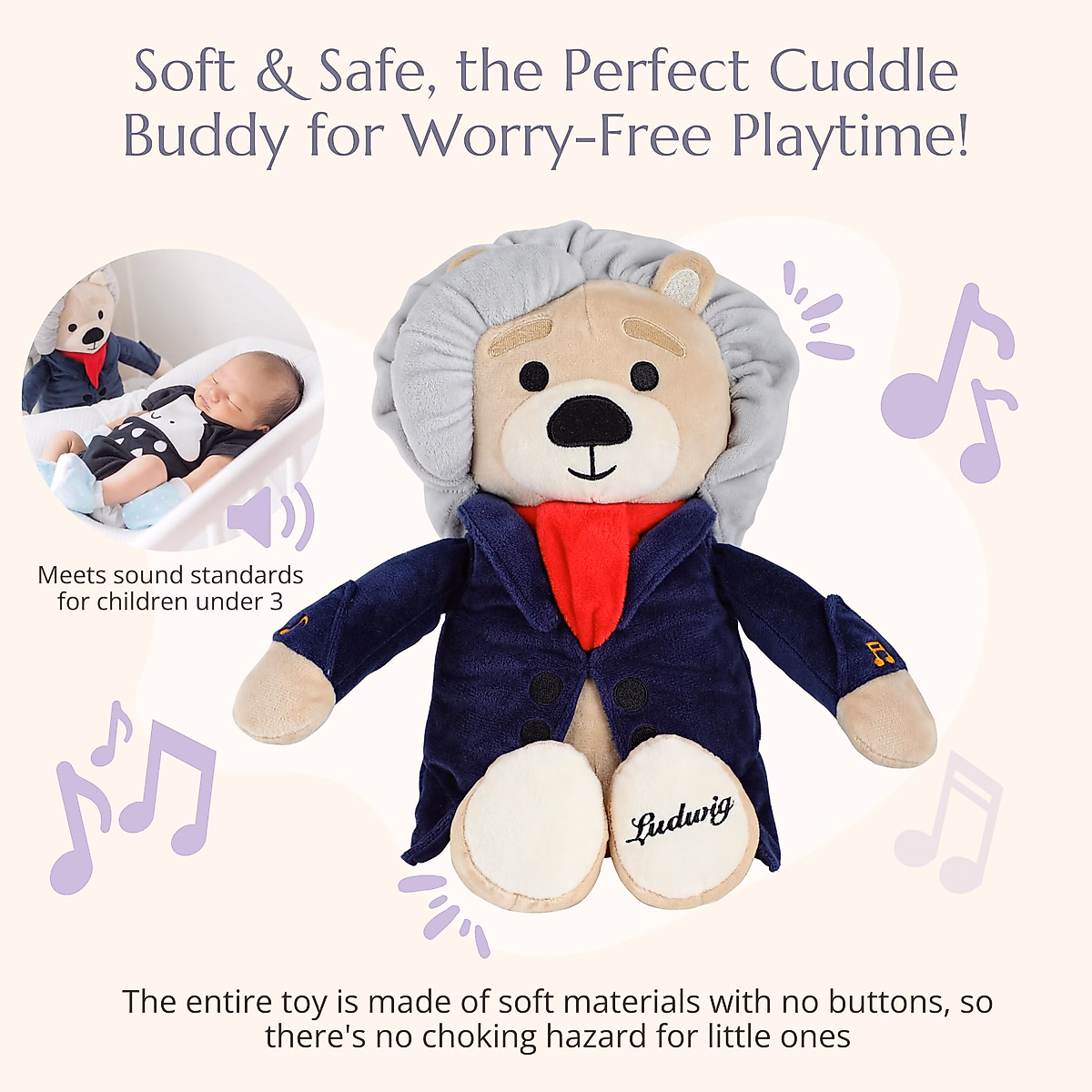Vosego Ludwig Van Beethoven Virtuoso Bear – Plays 40 Mins of Classical Music, Educational & Soothing Musical Teddy Bear for Babies & Toddlers, Ideal