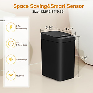 LJIACLEA Bathroom Smart Touchless Trash Can for Kitchen 2.6 Gallon Automatic Motion Sensor Rubbish Can with Lid Waterproof Narrow Small Garbage Bin for Kitchen, Toilet, Bedroom, RV(Black,Battery)