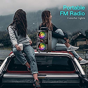 Bluetooth Speaker, 60W (80W Peak) Portable Wireless Speaker with LED Colorful Lights, Double Subwoofer Heavy Bass, FM Radio, Loud Speaker for Home Outdoor Party Camping
