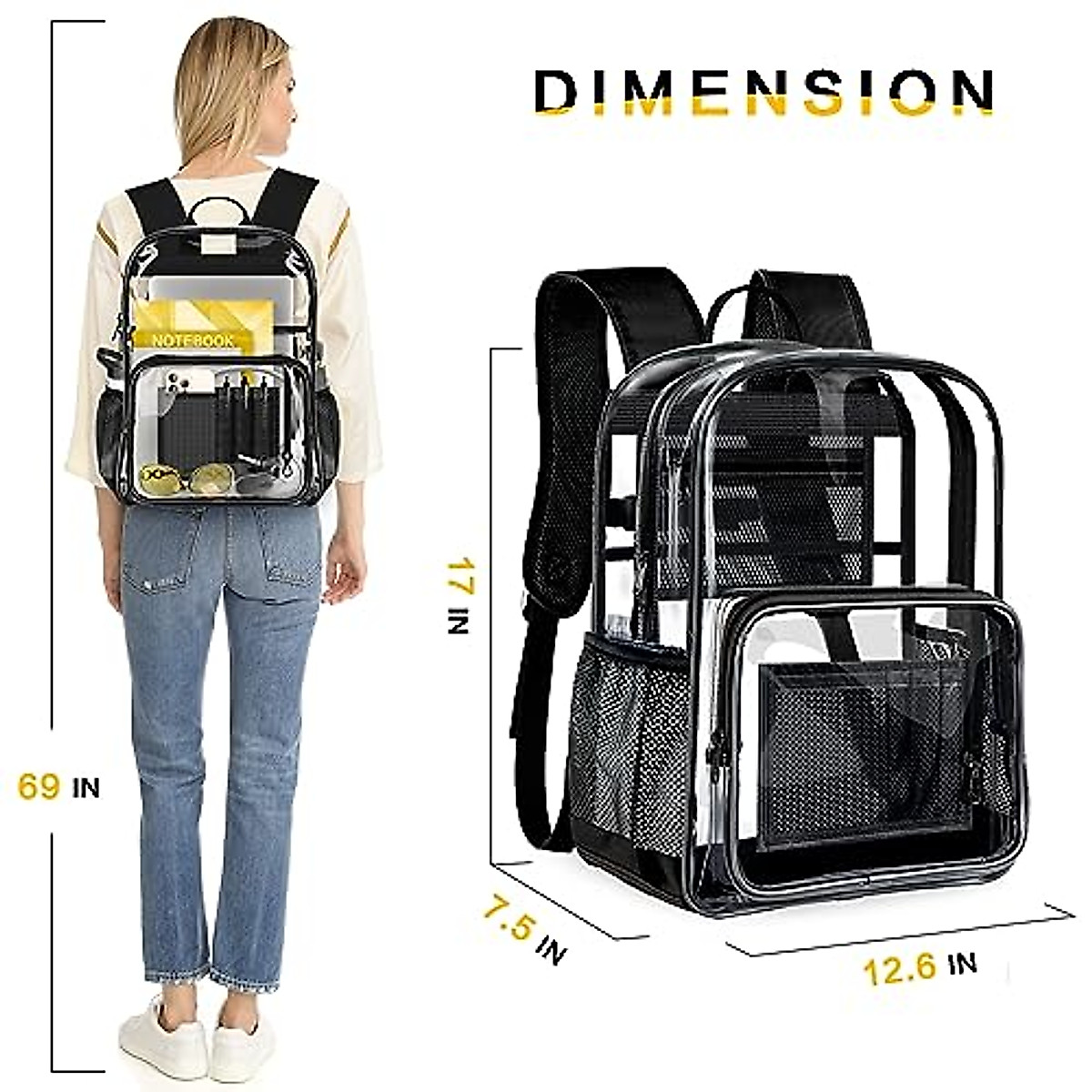 GEAMSAM Clear Backpack, Heavy Duty Transparent Backpack with Reinforced Bottom See Through Backpack for College, Travel, Workplace Security - Black