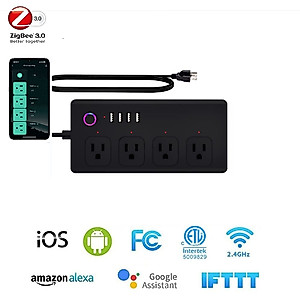 Zauzau Zigbee Smart Power bar(Tuya ZigBee Hub Required) Surge Protector USB Power 5Ft Extension Cord with 4 USB Ports & 4 AC Outlets,Compatible with Alexa,Google Assistant,Voice Control