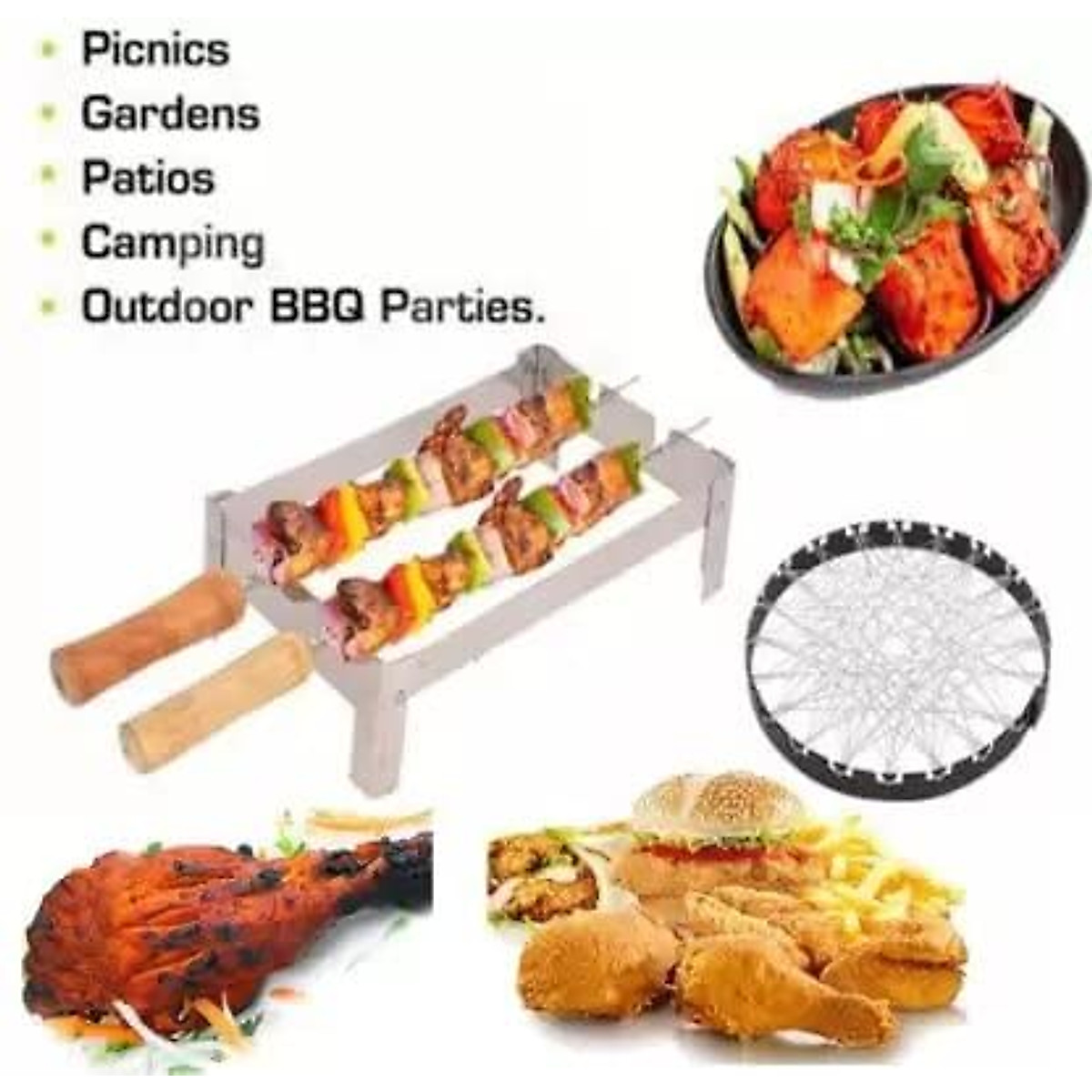 GEICO-MASTER Nano Portable Folding Outdoor Barbeque Charcoal & Gas BBQ Grill Oven GI Steel + 2 Nos of BBQ Still Needles with Wooden Handle(Kitchen Tools/Chhota Tandoor Stand)