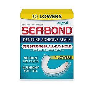 Sea Bond Secure Denture Adhesive Seals Lowers Original, Zinc Free, All Day Hold, Mess Free, 30 Count