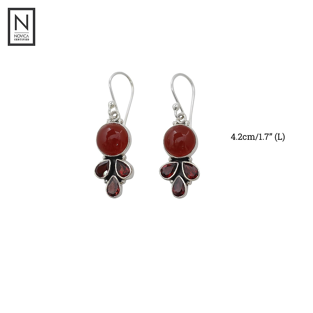 NOVICA Artisan Handmade Carnelian Garnet Dangle Earrings Colorful Fair Trade Gemstone from India Sterling Silver Red Fiesta Flame Birthstone [1.7 in L x 0.5 in W x 0.3 in D] ' Ardent Color'