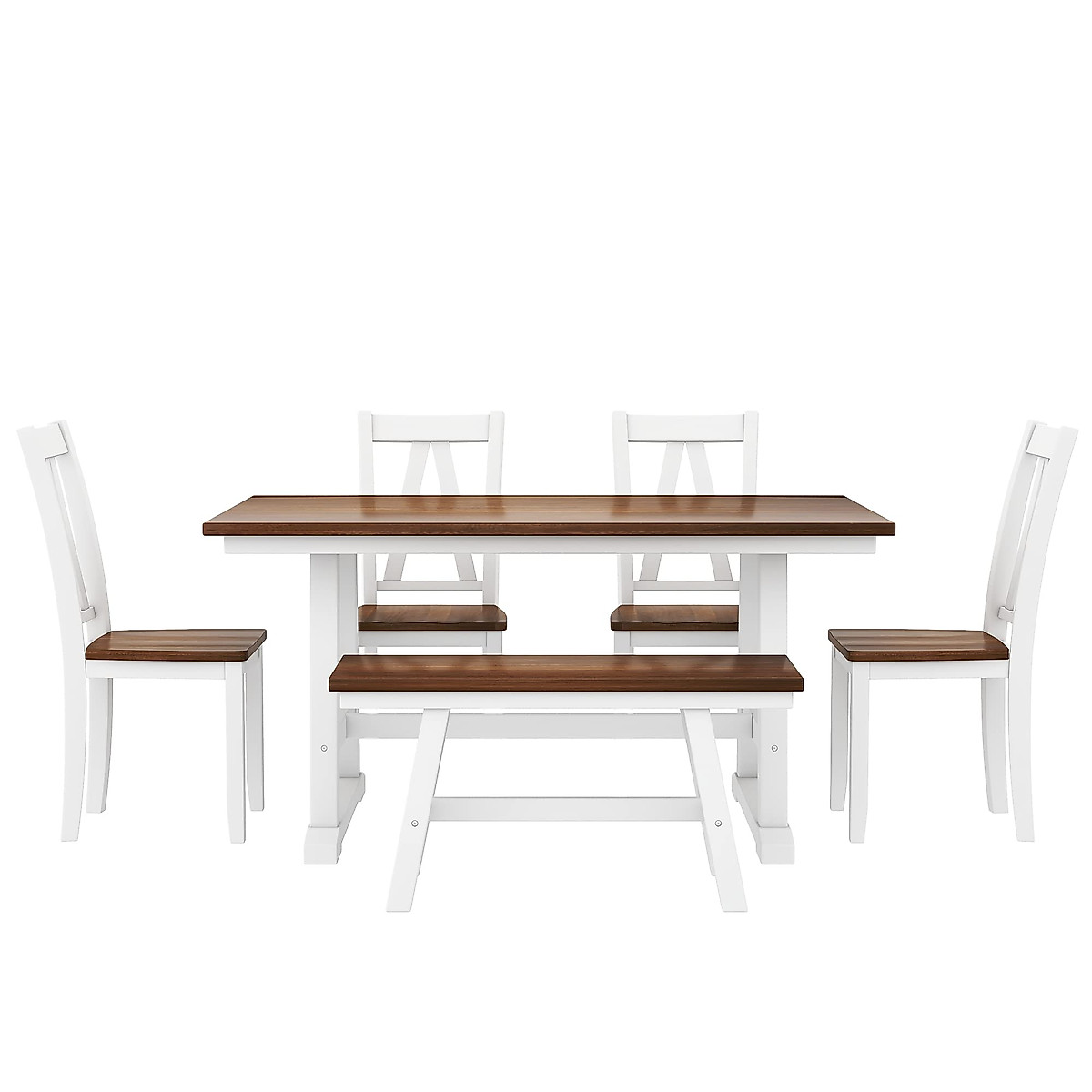 GLORHOME 6-Piece Farmhouse Style Wood Kitchen Table Set with Long Bench and 4 Dining Chairs,Walnut+White