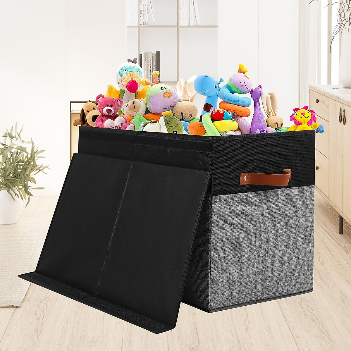 Large Toy Storage Box with Lid, Sturdy Toys Storage Chest Bin Organizer Basket with Dividers for Kids, Boys, Girls, Nursery, Closet, Bedroom, Playroom 25&quot;x13&quot; x16&quot; (Black and Grey)