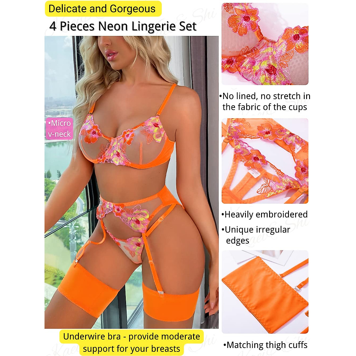 Kaei&Shi Glow in the Dark Lingerie for Women,Underwire Floral Embroidered Sexy Lingerie Set,Blacklight Matching 4 Piece Lingerie Petite Neon Orange X-Small