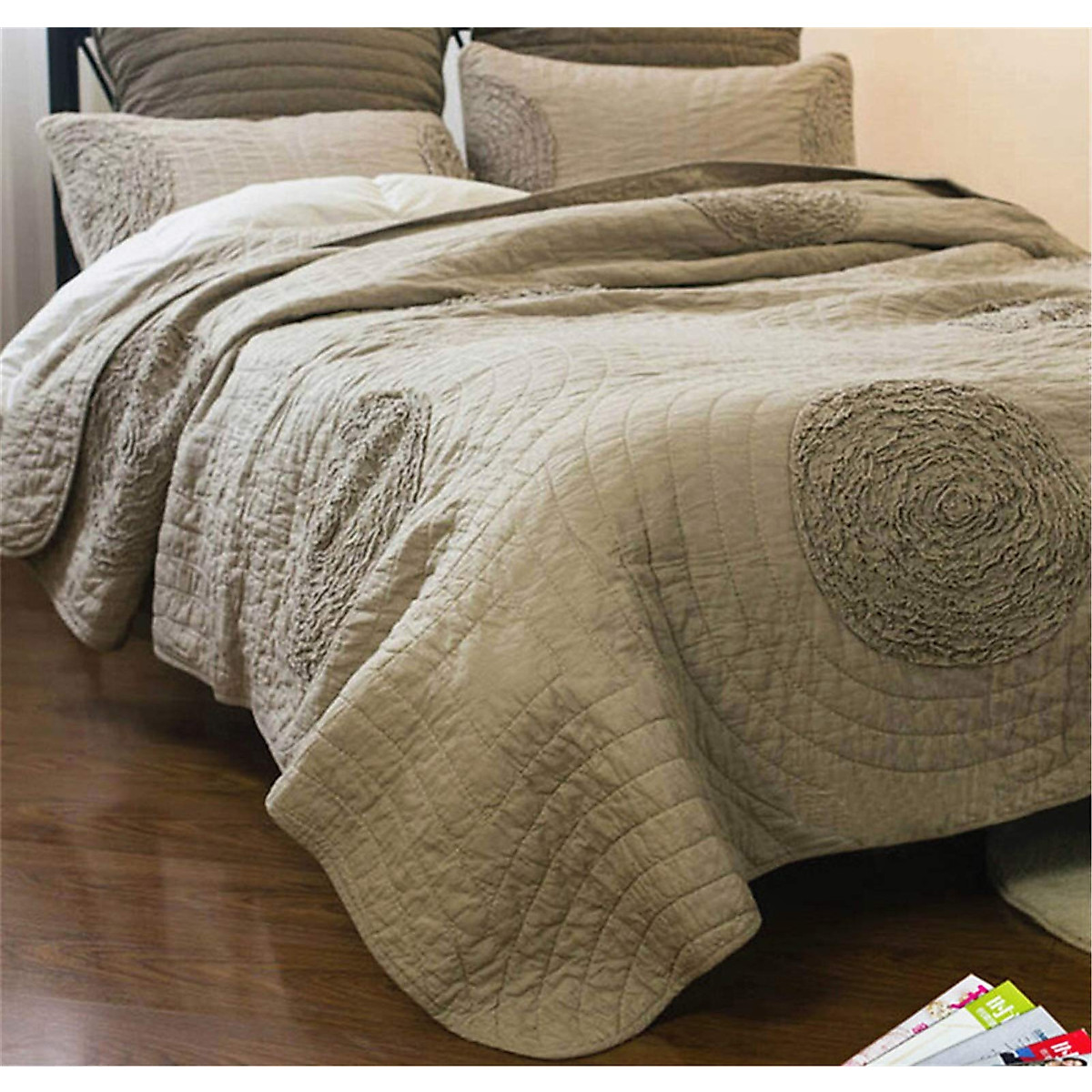 ABREEZE Cotton Rustic Quilt Sets Quilt and Coverlet Set Shabby Farmhouse Bedding Sets Bedspread Taupe Grey King 3D Classic Floral Patterns