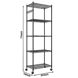 Devo 5-Tier Shelf Storage Shelves, Metal Shelves for Storage, Wire Shelving Unit, Adjustable Shelves Organizer for Garage, Pantry, Kitchen, Side Hooks, Black