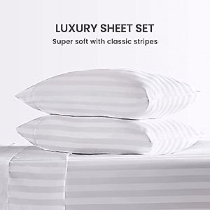 CUSTOMER DELIGHT Luxury 100% Egyptian Cotton Sheets 1000 Thread Count 4 Piece Extra Deep Pocket Bed Sheet Set Sateen Stripe (King, White)