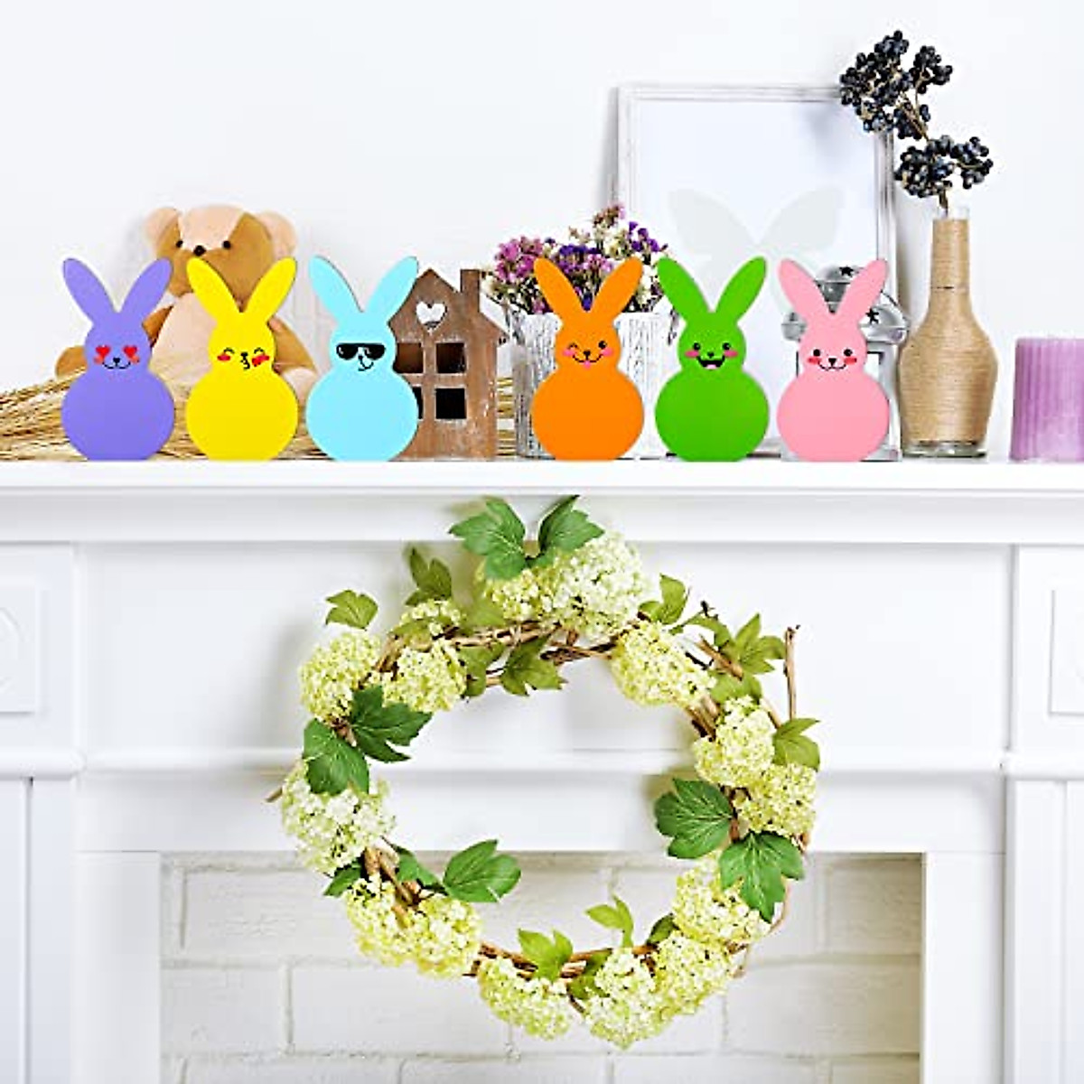 6 Pcs Easter Tray Table Decorations for Home Bunny Table Wooden Sign Cute Wood Tabletop Peeps Decor Bunny Cutout Spring Easter Tray Decorative Sign and Plaque Freestanding Craft for Party Office