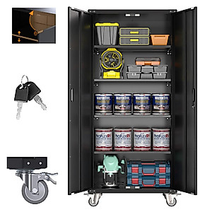 Aobabo Garage Storage Cabinet with Wheels,72In High Lockable Metal Storage Cabinet for Garage Home Storage, Black Required-Assembly