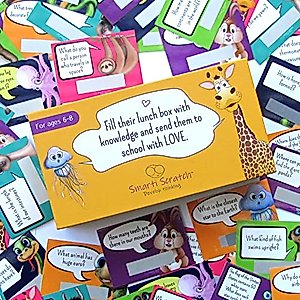 Smarti Scratch 50 Lunch box Trivia notes for kids, with QR code that will take them to expended answer & Inspirational and Motivational Thinking of You Notes Cards for Boys & Girls ages 6-8