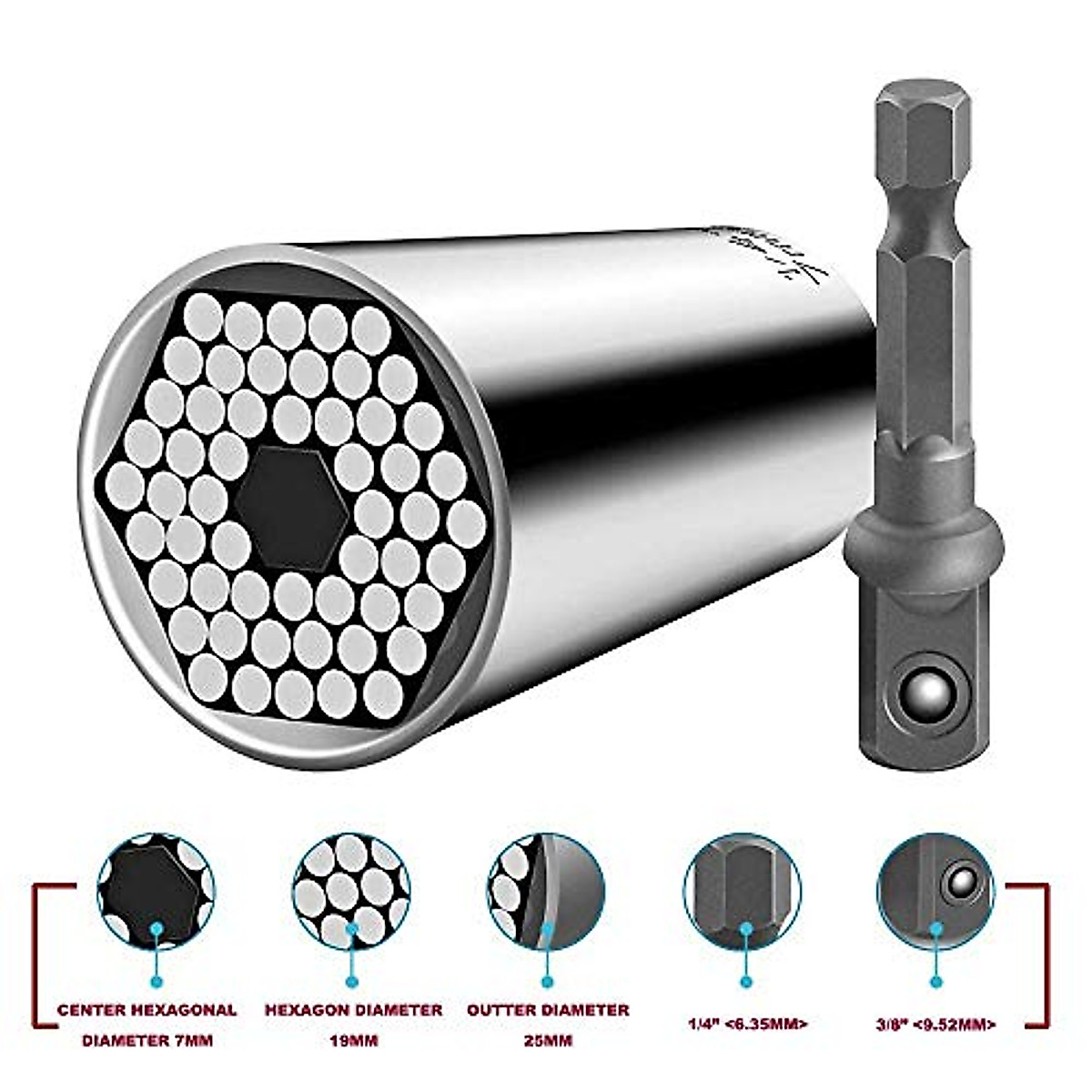 CIGOTU Universal Socket, 7mm-19mm Multifunctional Cordless Ratchet Adapter Socket Wrench Set, Screwdriver Set Hex Bit + 105 Degree Right Angle Drill