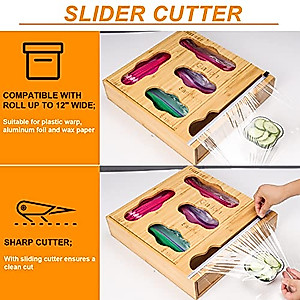 【2022-NEW】TBSTBIEE Ziplock Bag Organizer with Foil and Plastic Wrap Organizer, 5 in 1 Bamboo Baggie Organizer Wrap Dispenser for Gallon, Quart, Sandwich, Snack, Plastic Wrap, and Aluminum Foil