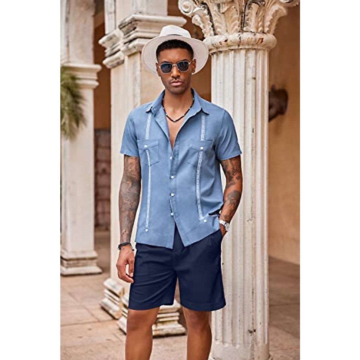 COOFANDY Men’s Linen Flat Front Shorts Casual Classic Fit 7" Summer Beach Shorts with Elastic Waist and Pockets, Navy Blue, XX-Large