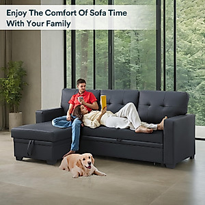 Skepphlay Sleeper Sectional Sofa L Shape Sofa Bed Couch Faux Leather with Pull Out Bed Convertible Sleeper Sofa with Storage Chaise Lounge for Living Room Apartment Dorm Furniture Sets, Black