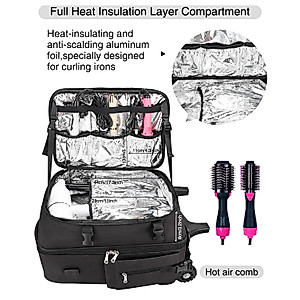 Relavel Barber Travel Backpack, Rolling Makeup Train Case Hairstylist Traveling Bag for Hairdressers and Makeup Artists, Heat Insulation Layer and Adjustable Dividers Cosmetology Case on Wheels