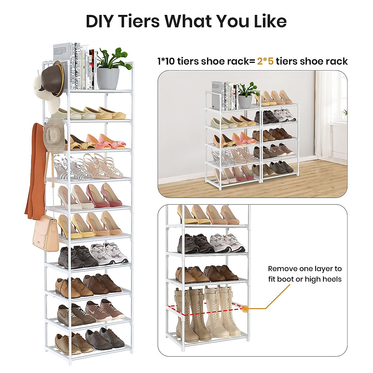 ROJASOP 10 Tiers Metal Shoe Rack Organizer Tall Shoe Racks for Closets Entryway Corner Shoe Rack Shoe and Boots Organizer Storage Narrow Shoe Rack for Closet Entryway Sturdy Shoe Shelf Shoe Stand