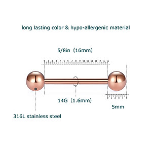 VCMART Nipple Rings Tongue Ring Surgical Steel Nipplerings Piercing Women Rose Gold Barbells 14G 6 Pairs 5/8"