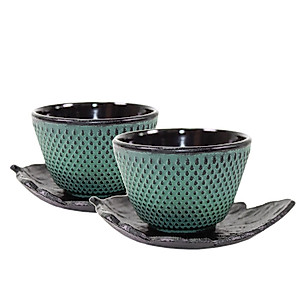 2 Sado Black Leaf Teacup Saucer+2 Green Polka Dot Hobnail Japanese Cast Iron Tea Cup Teacup