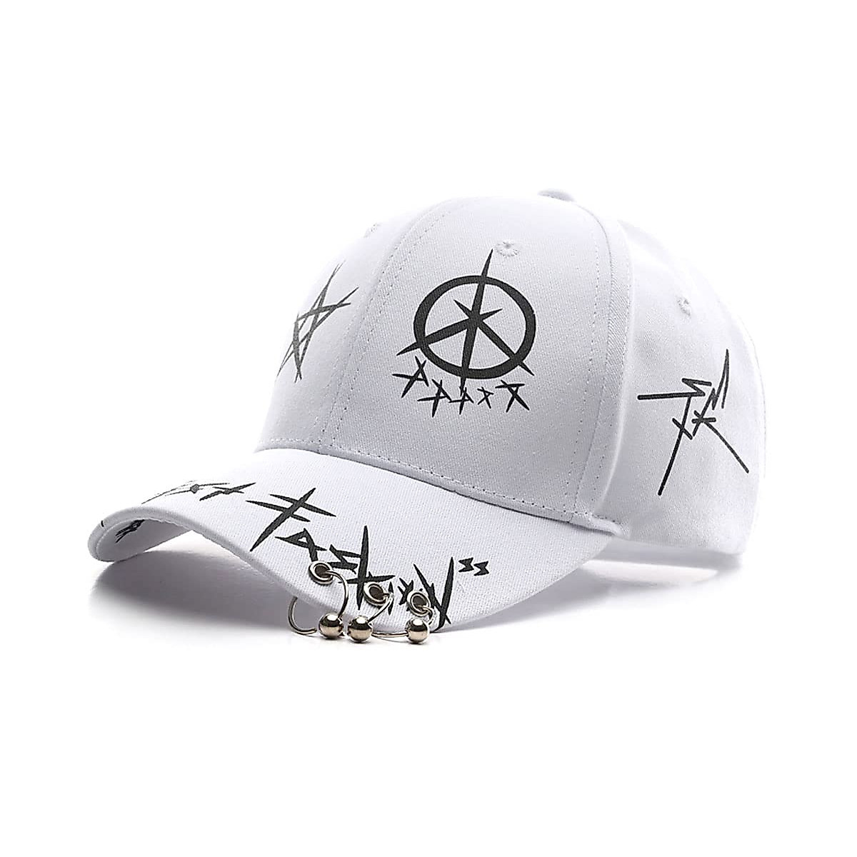 Unisex Graffiti White Baseball Cap, K-pop Boys Outdoor Iron Ring Snapback Hat，Black Hiphop Hat, Dad Hat, Trucker hat for Men Women