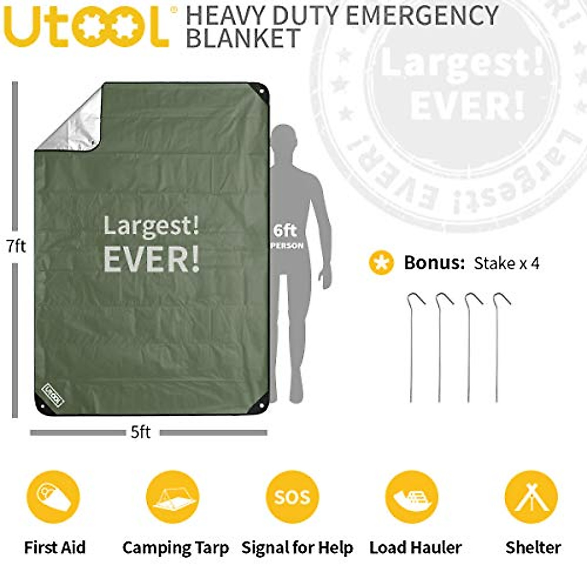 UTOOL Survival Emergency Blanket, Waterproof Insulated Tarp, Reflective Blanket Tarp, Survival Space Blankets, 3.0 Large Heavy Duty Thermal Blanket for Hiking, Camping, Green